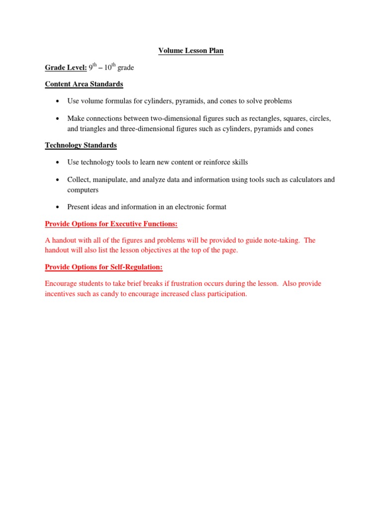 Volume Lesson Plan Grade Level: 9 Content Area Standards: Provide ...