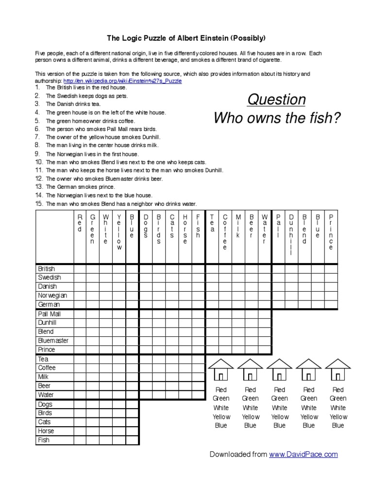Einstein Logic Puzzle | PDF | Drink | Green