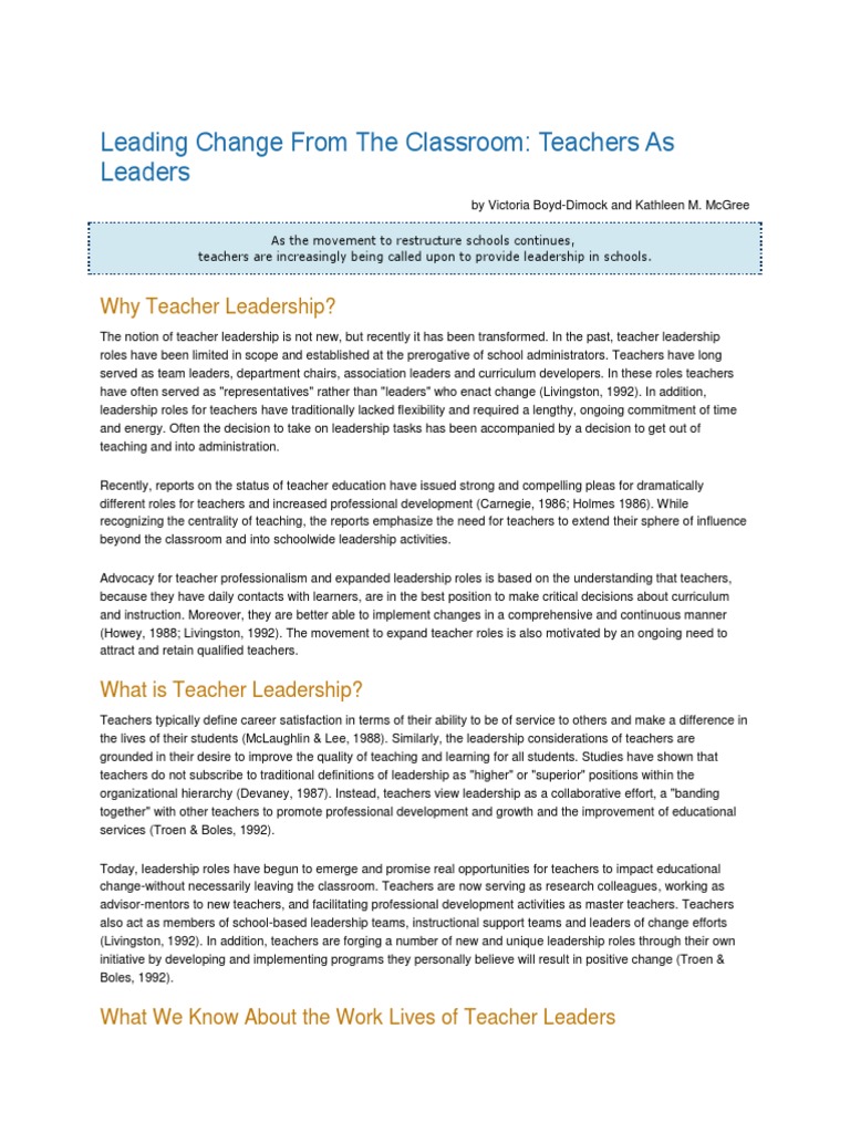 Teacher Leadership in Education Reform | PDF | Leadership | Teachers