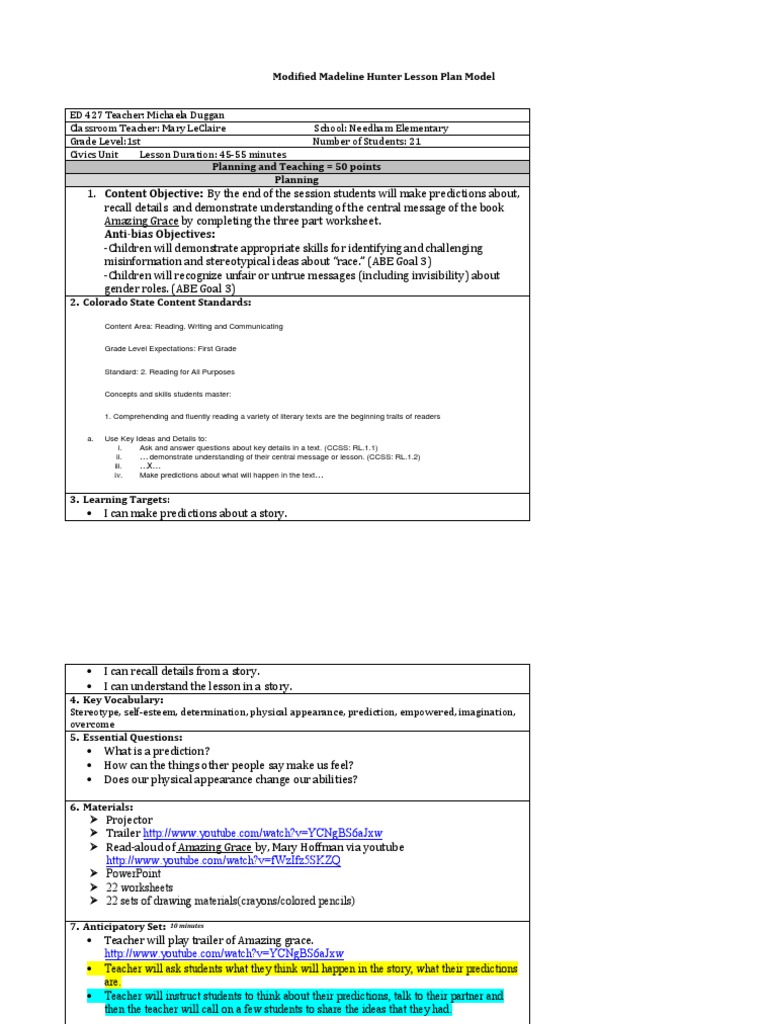 Modified Madeline Hunter Lesson Plan Model | PDF | Reading (Process ...
