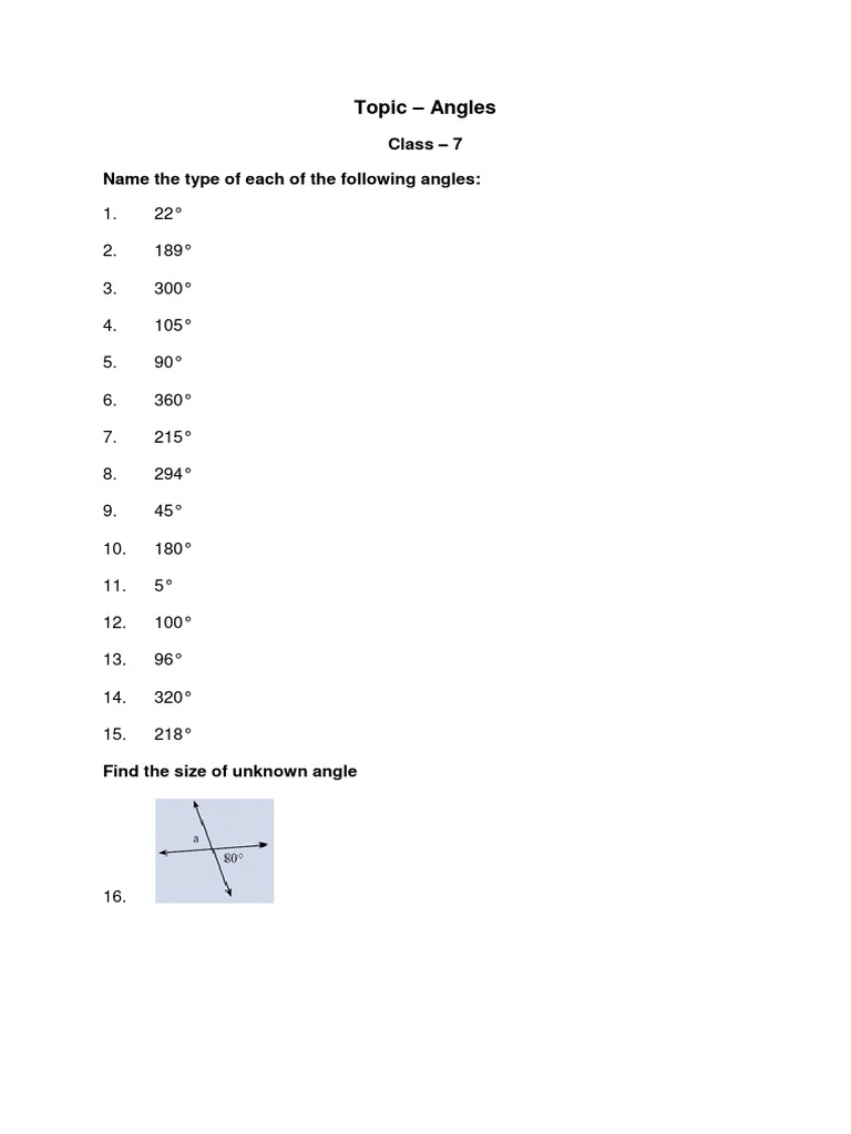 Topic - Angles: Class - 7 Name The Type of Each of The Following Angles ...
