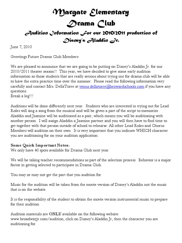 Margate Elementary Drama Club Auditions for Aladdin Jr | PDF | Audition ...