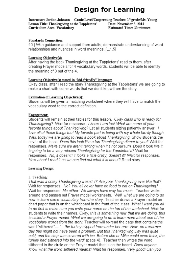 Thanksgiving at The Tappletons Vocabulary Lesson Plan | PDF ...