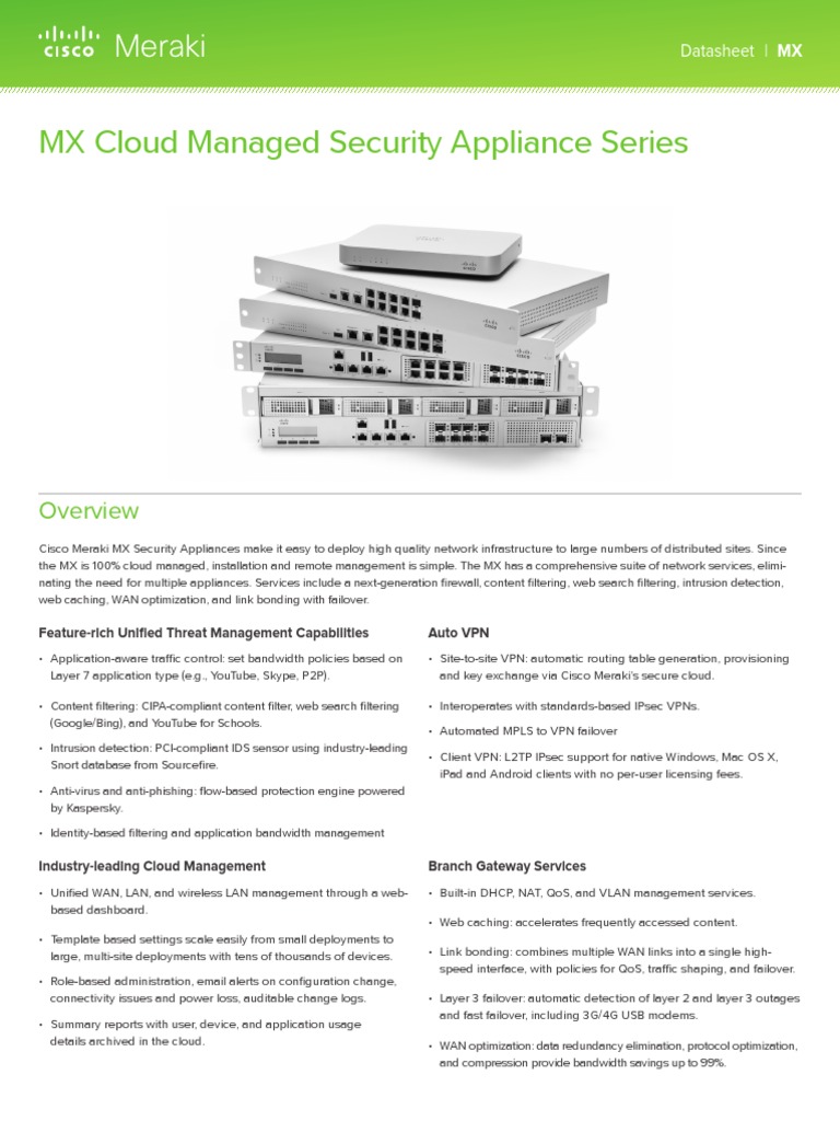Meraki Datasheet MX | PDF | Virtual Private Network | Cloud Computing