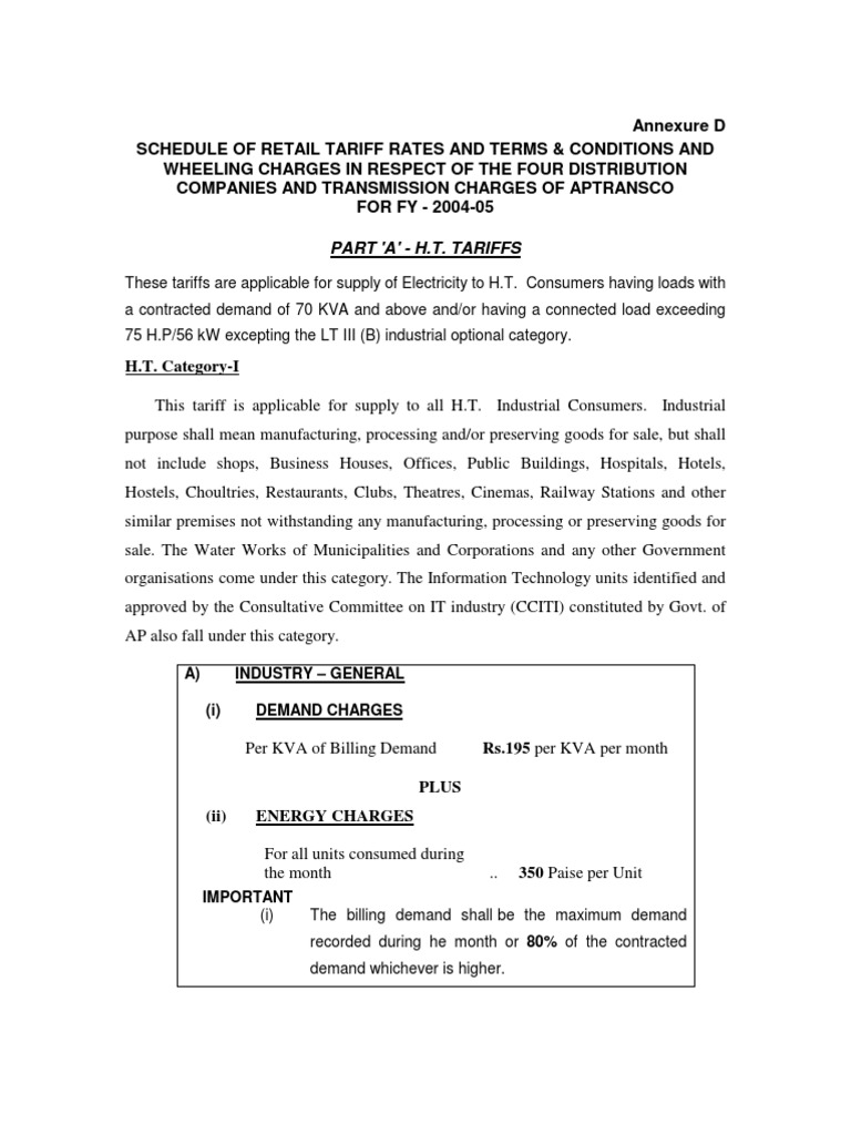 Part 'A' - H.T. Tariffs: A) Industry - General (I) Demand Charges | PDF ...