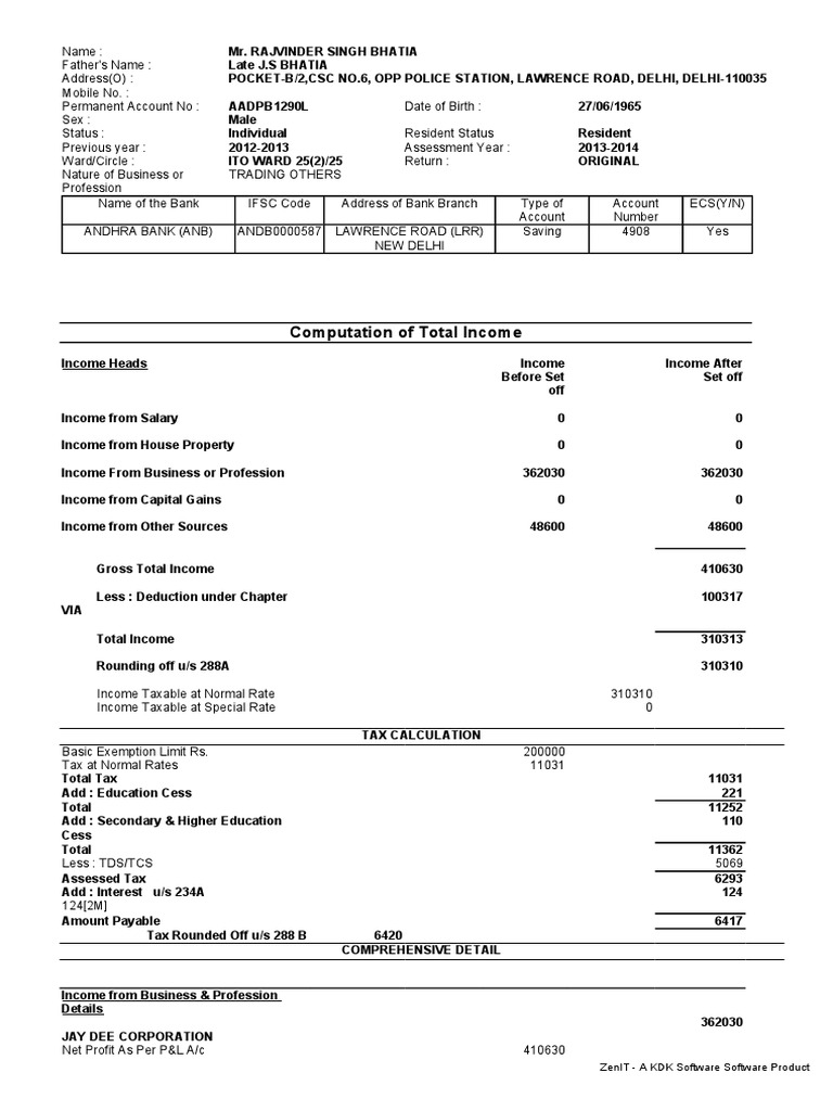Computation of Total Income: Zenit - A KDK Software Software Product | PDF