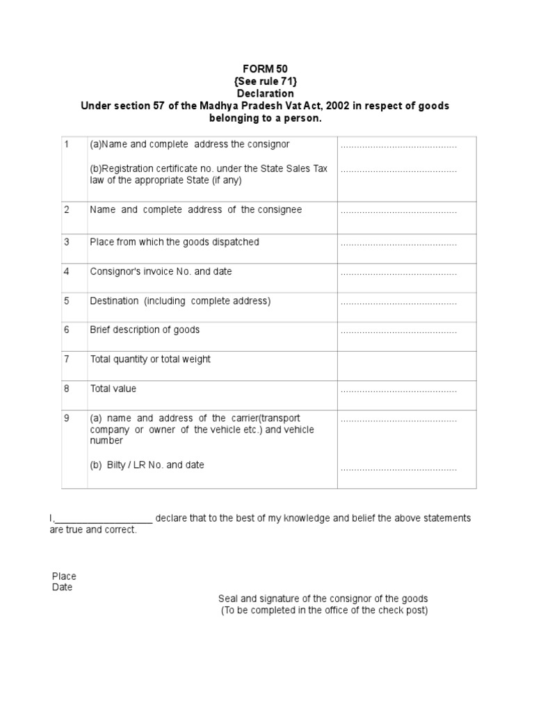 Form 50 (See Rule 71) Declaration Under Section 57 of The Madhya ...
