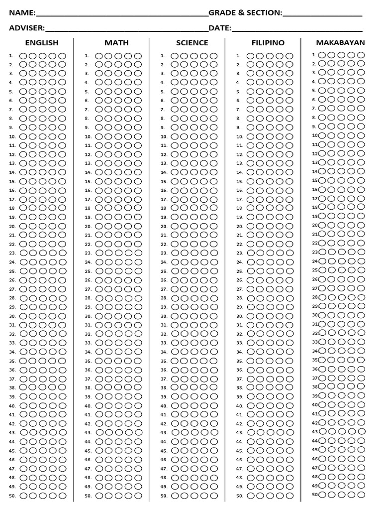 NAME: - GRADE & SECTION: - ADVISER: - DATE: - English Math Science ...