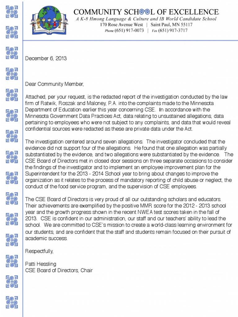 Investigation Report Summary: CSE School | PDF | Behavior Modification ...