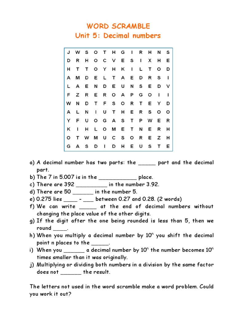 Decimal Numbers Word Scramble | PDF