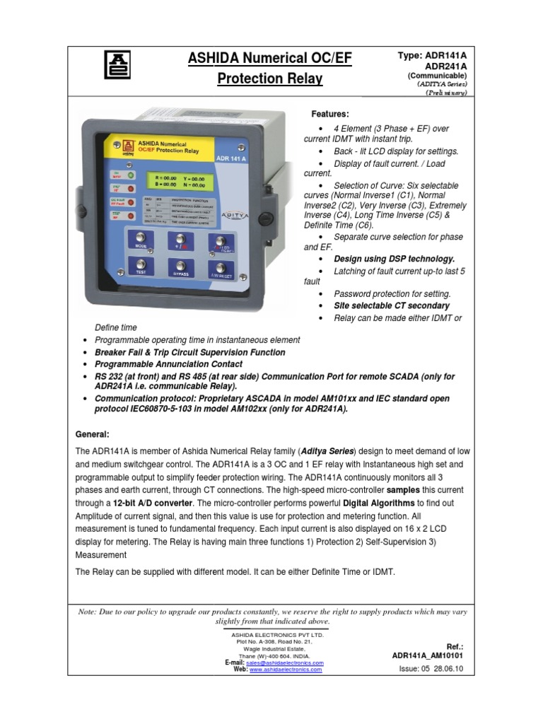 ASHIDA Numerical OC/EF ASHIDA Numerical OC/EF Protection Relay | PDF | Relay | Scada