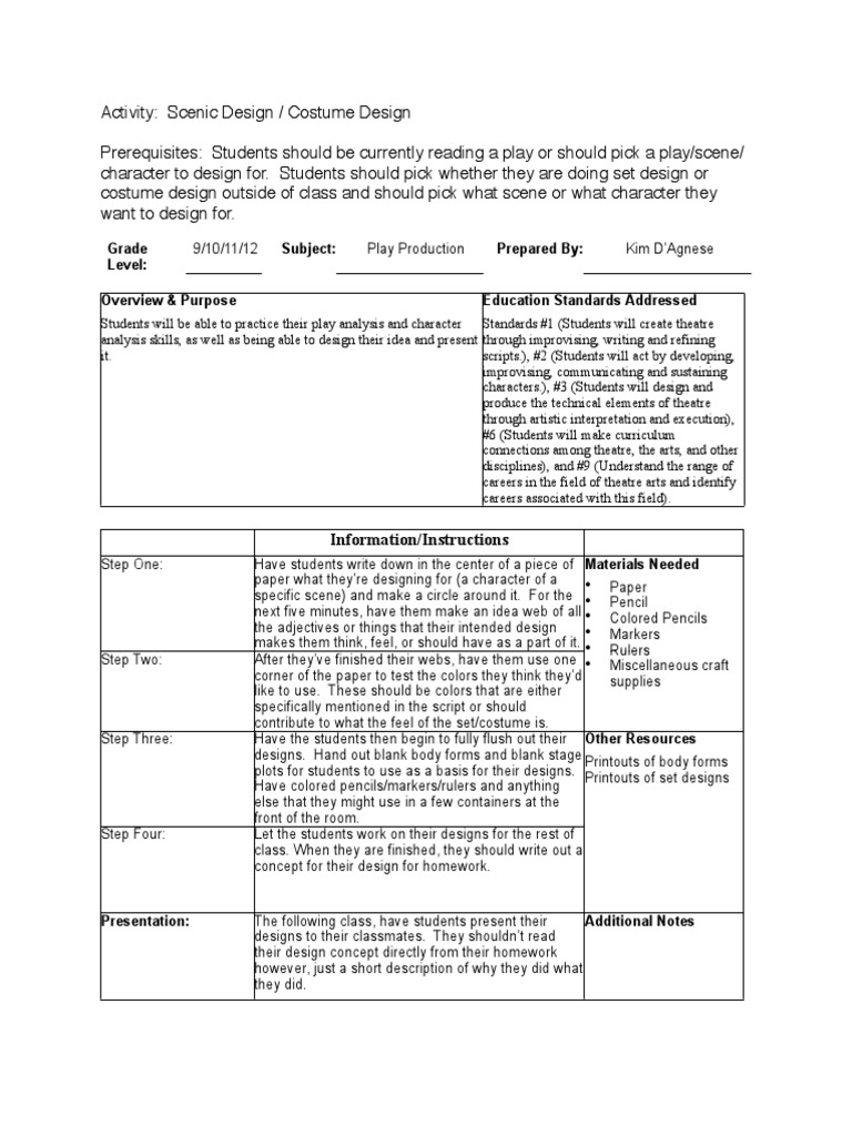 Sceneic and Costume Design Lesson PLan | Costume Design | Lesson Plan