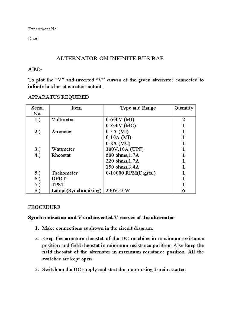 Alternator On Infinite Bus Bar: Experiment No. Date | PDF | Electrical Engineering | Electricity
