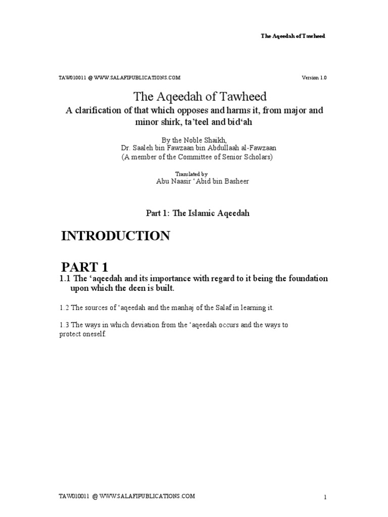 The Aqeedah of Tawheed Part 1 - Tawheed Ul-Uluhiyyah | PDF | Tawhid | Sheikh