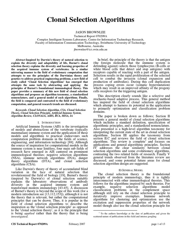 Clonal Selection Algorithms | Download Free PDF | Natural Selection | Evolution