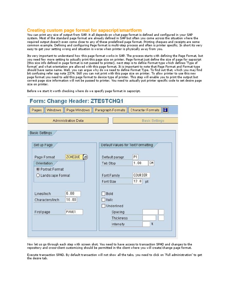 Creating Custom Page Format For Sapscript And Smartforms Pdf Printer Computing File Format