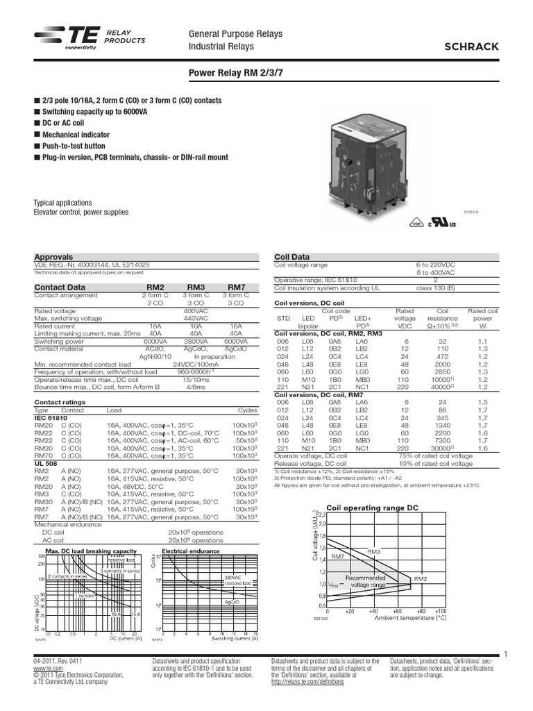 Schrack RM732024 Datasheet | PDF | Relay | Insulator (Electricity)