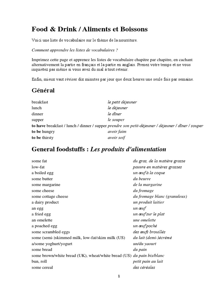 Vocabulaire Aliments et Boissons | PDF | Desserts | Nourriture et boisson