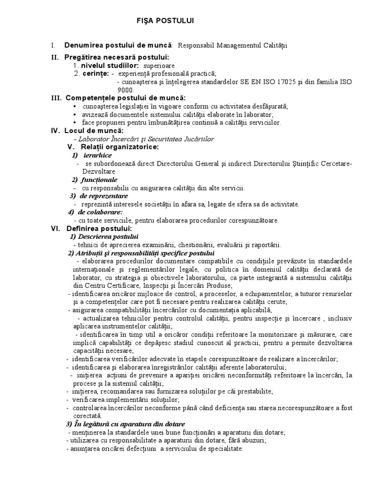 FISA POST-Responsabil Calitate