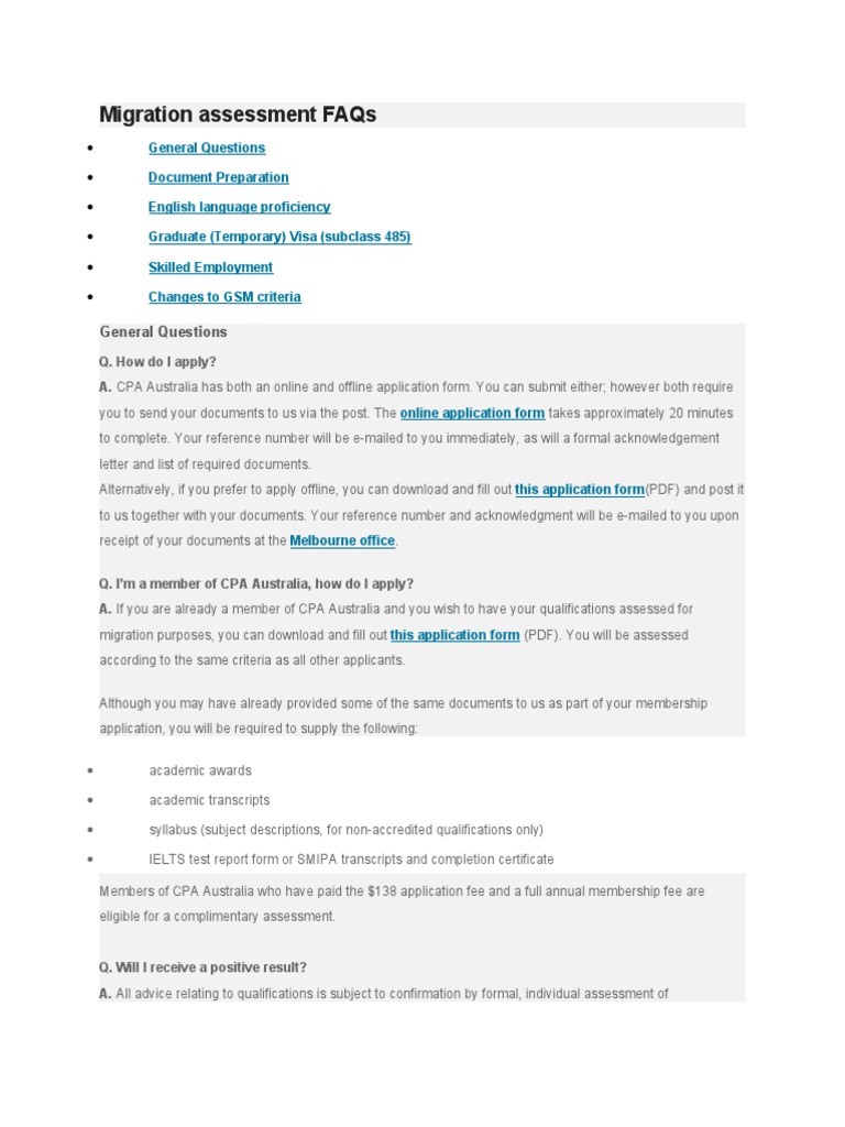 Migration Assessment FAQs | Accountant | Certified Public Accountant
