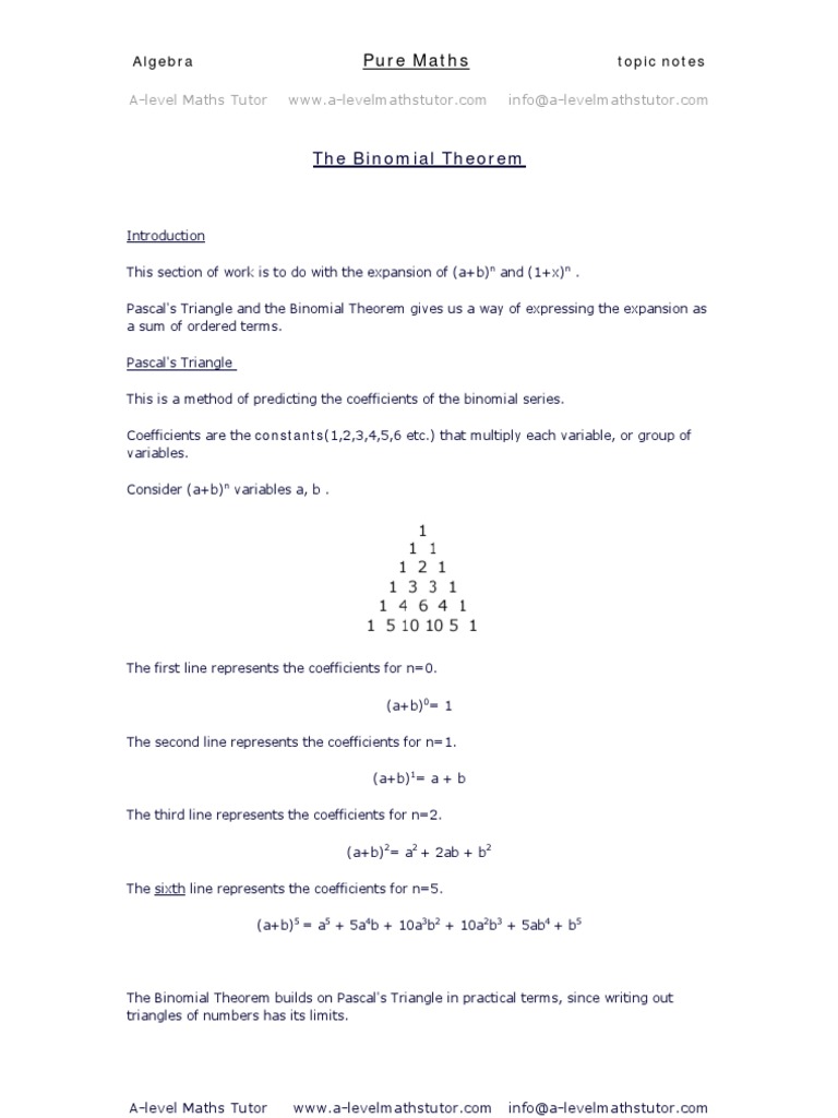 The Binomial Theorem, Algebra Revision Notes From A-Level Maths Tutor ...