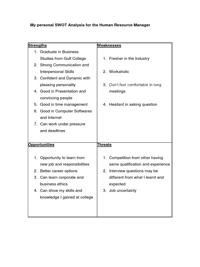 My Personal SWOT Analysis for the Human Resource Manager | Human ...