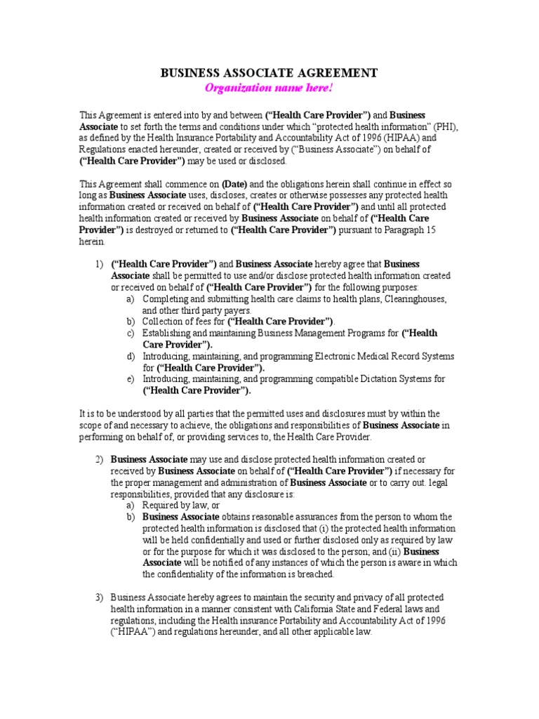 HIPAA Business Associate Agreement Template | PDF | Health Insurance ...