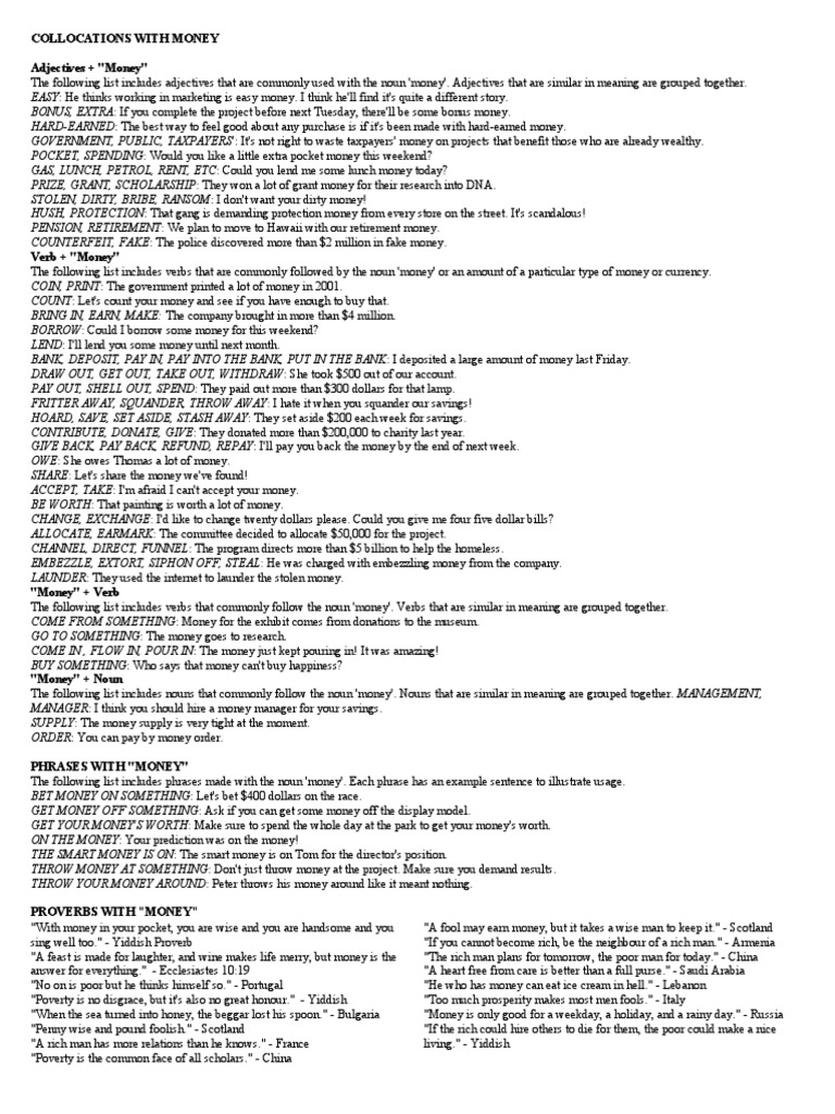 Collocations With Money | PDF | Adjective | Money