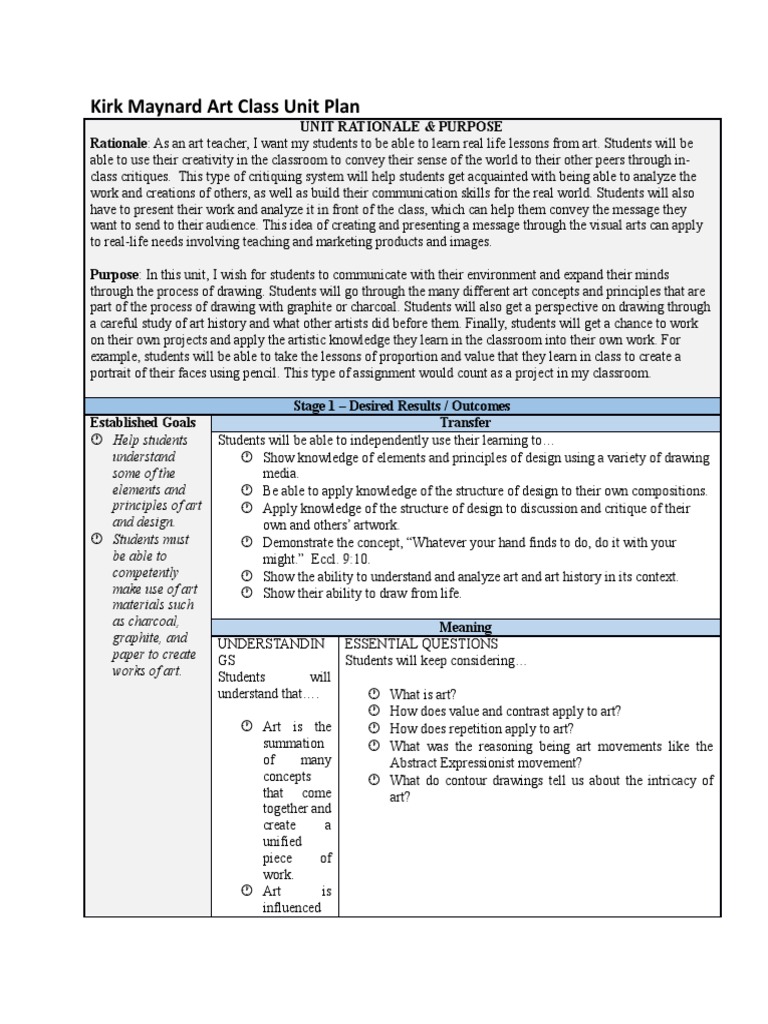 Kirk Maynard Art Class Unit Plan | PDF | Drawing | Classroom