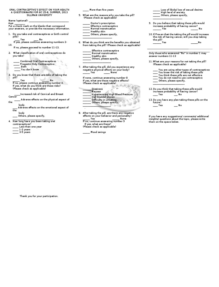 Survey Questionnaire Final | Combined Oral Contraceptive Pill | Birth ...