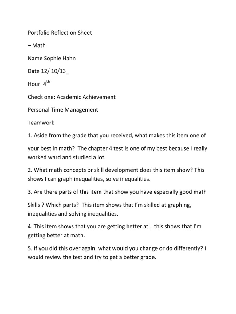 Portfolio Reflection Sheet Math | PDF | Learning | Cognition