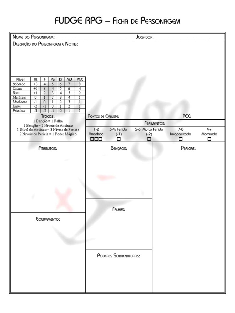 FUDGE RPG - Ficha de Personagem em | PDF