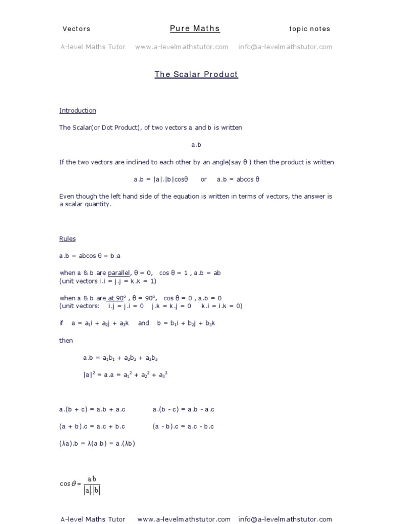 Vectors, The Scalar Product, Algebra Notes From A-Level Maths | PDF ...