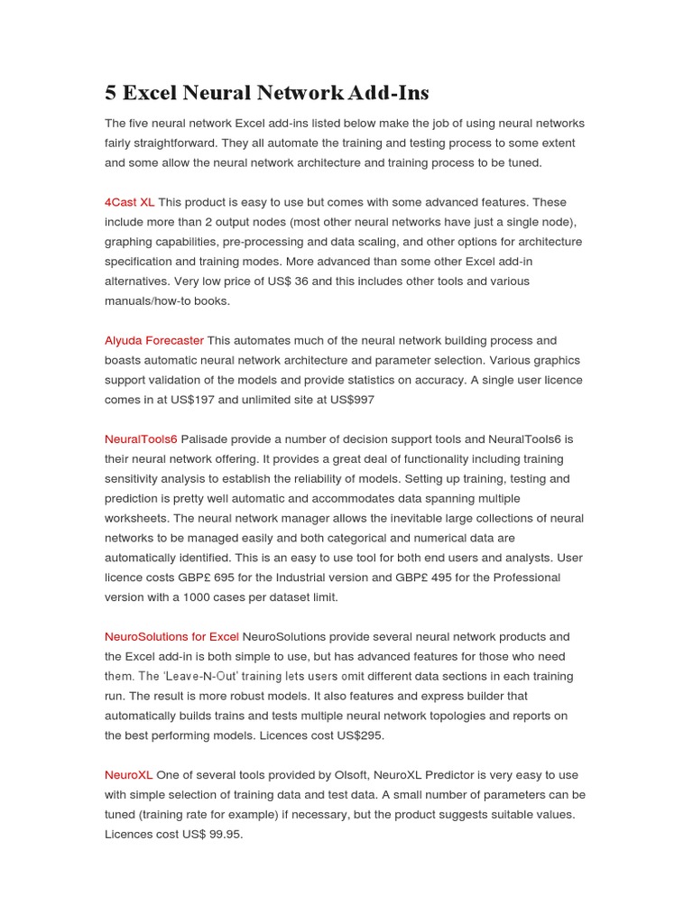 Top 5 Excel Neural Network Add-Ins | PDF | Artificial Neural Network ...