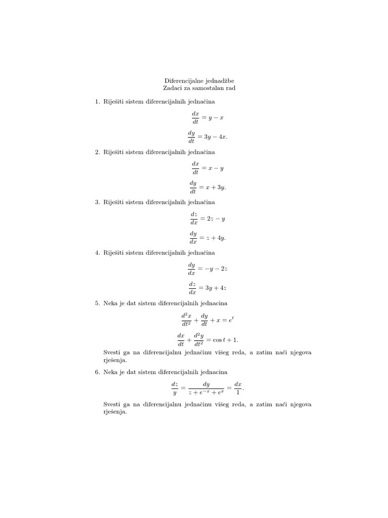 Diferencijalne Jednacine - Zadaci Za Samostalni Rad | PDF