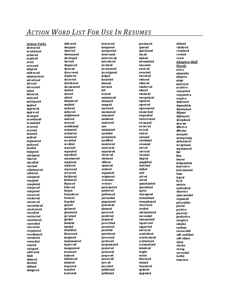 Action Word List For Use in Resumes | PDF | Audit | Cognition