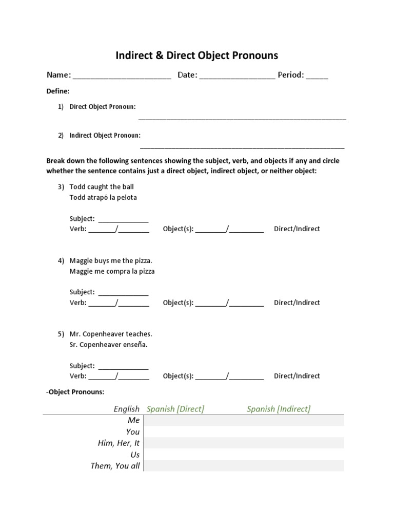 Direct & Indirect Object Pronouns Guide | PDF | Games & Activities ...