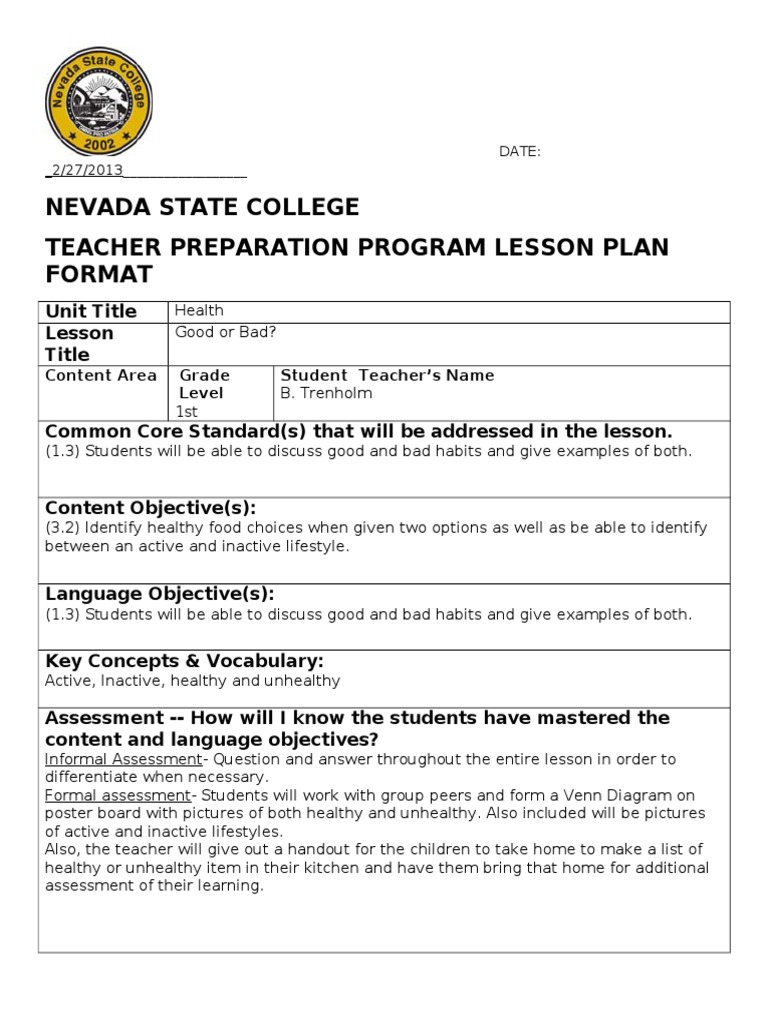 Nevada State College Teacher Preparation Program Lesson Plan Format ...