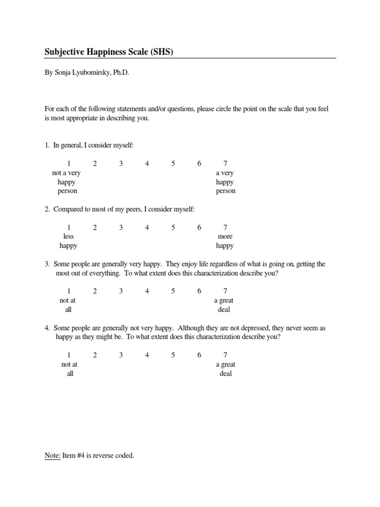 Subjective Happiness Scale (SHS) | PDF
