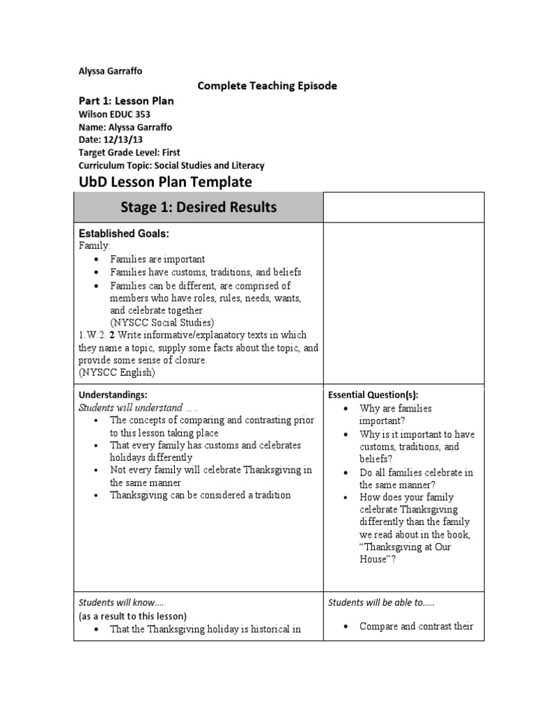 First Grade Thanksgiving Lesson Plan | PDF | Cognition | Learning