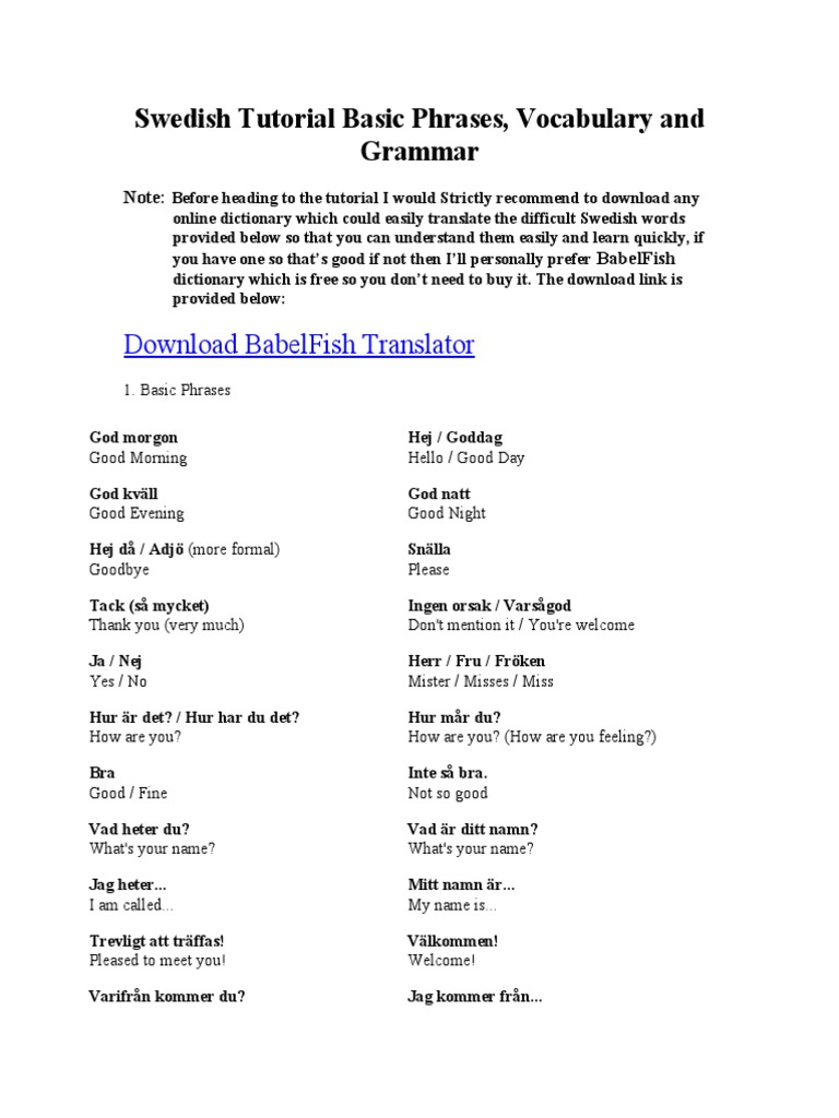 Swedish Tutorial Basic Phrases, Vocabulary and Grammar: Download ...