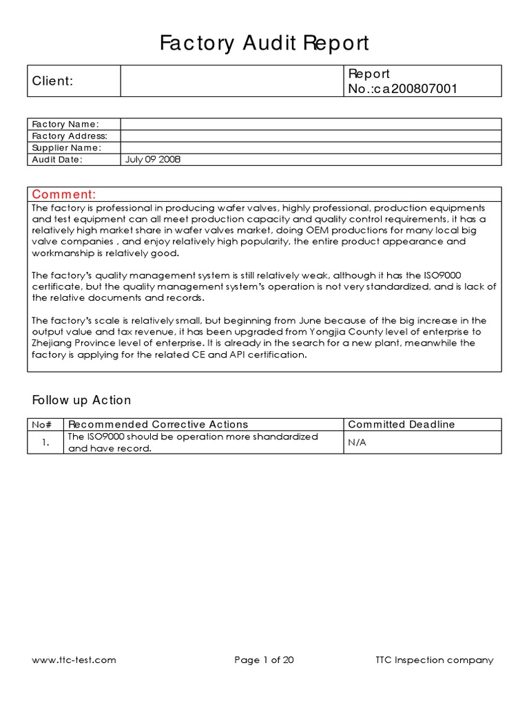 Factory Audit Sample Report | Iso 9000 | Quality Management System