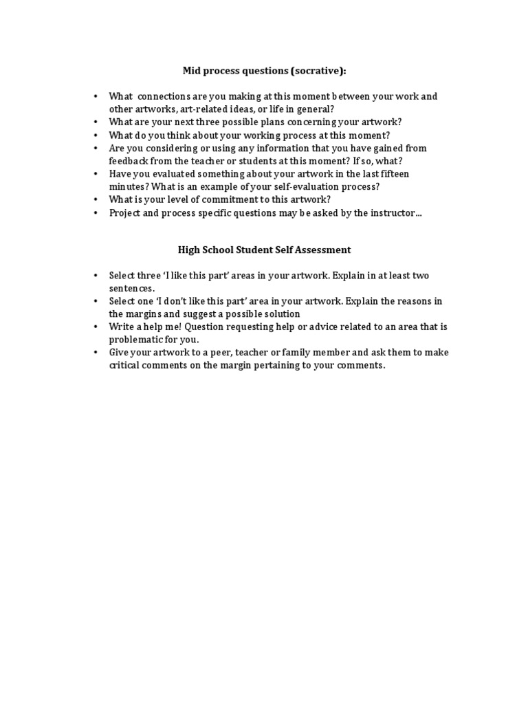 Mid-Process Art Self-Assessment Questions | PDF | Self-Improvement ...