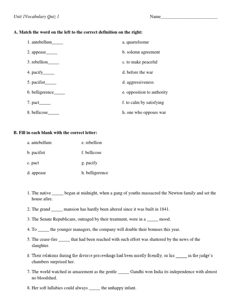 Vocabulary Quiz: Definitions & Matching | PDF