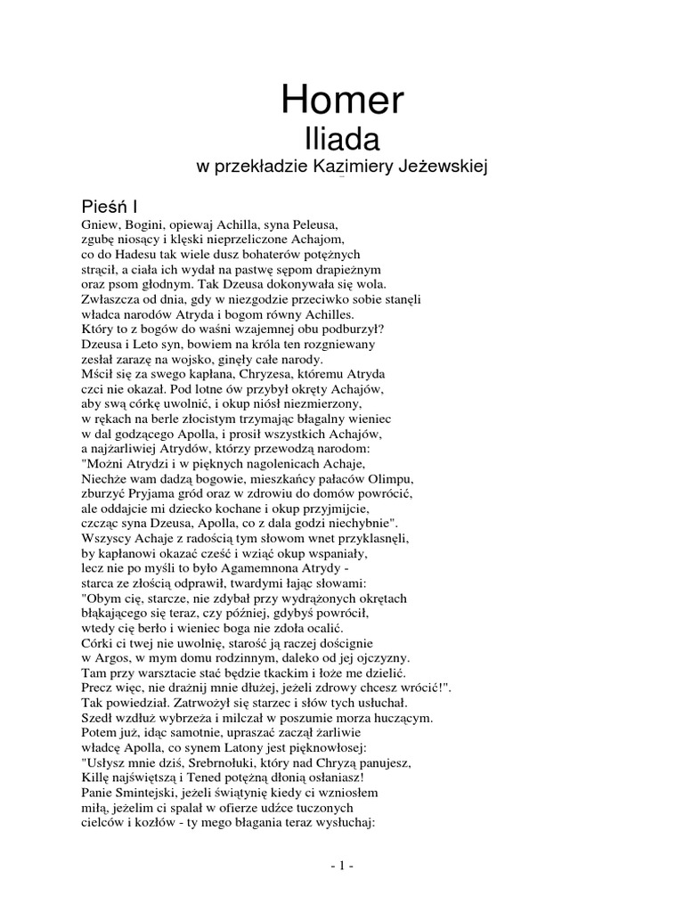 Homer - Iliada [przekł. Kazimiery Jeżewskiej] | PDF