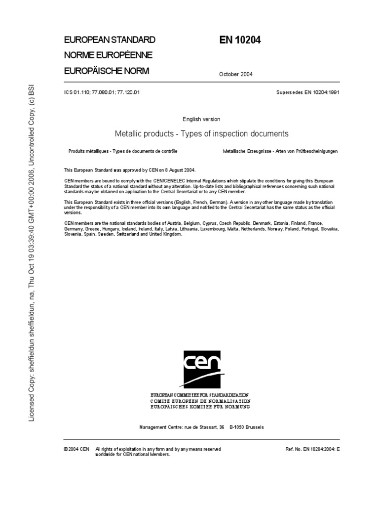 EN 10204 (2004) | Specification (Technical Standard) | European Commission