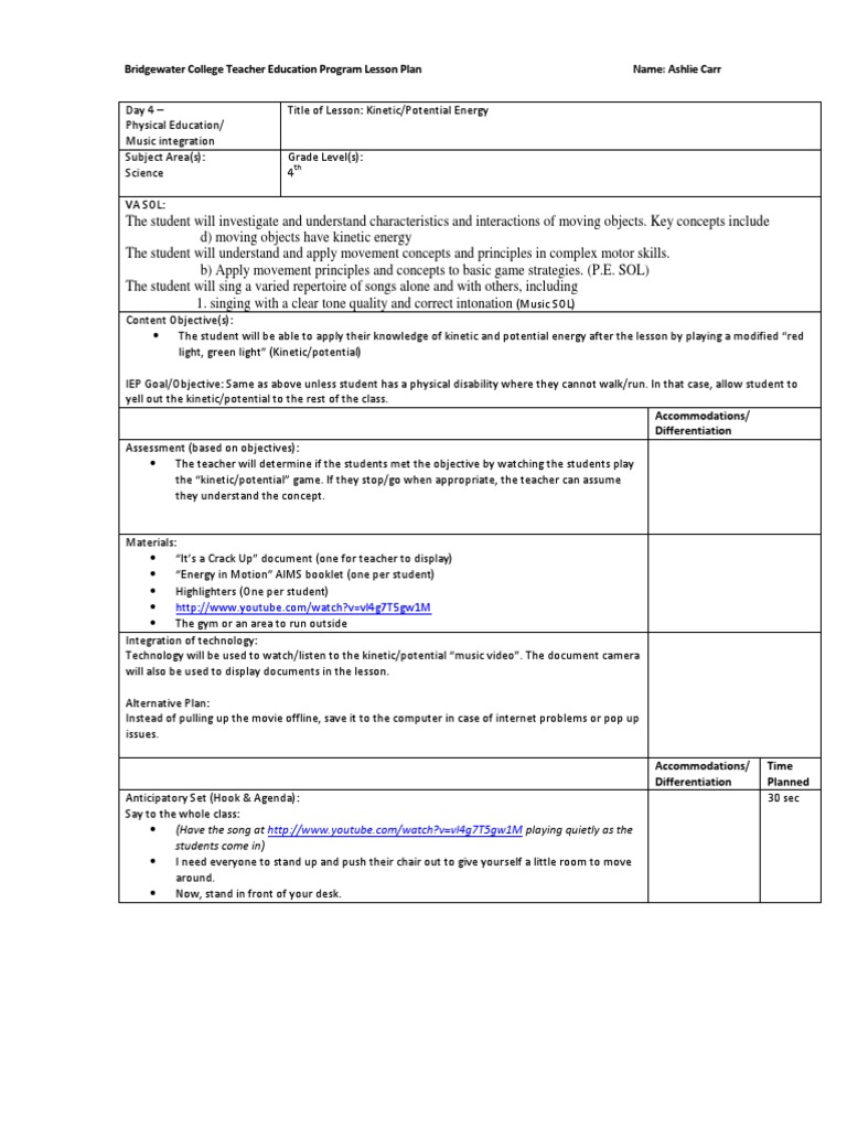 Lesson Plan Day 4 | PDF | Kinetic Energy | Lesson Plan