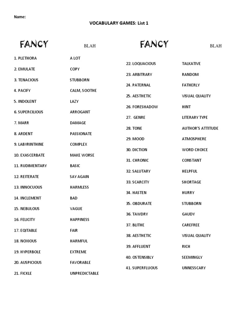 Fancy Fancy: Vocabulary Games: List 1 | PDF