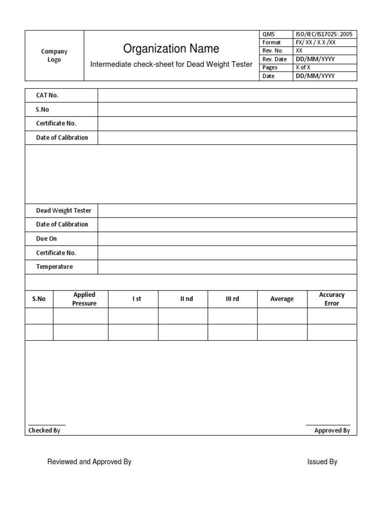 Template For Intermediate Check Sheet For Deadweight Tester | PDF