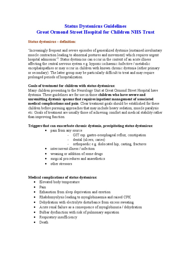 Status Dystonica GOSH Guidelines | PDF | Dystonia | Dehydration